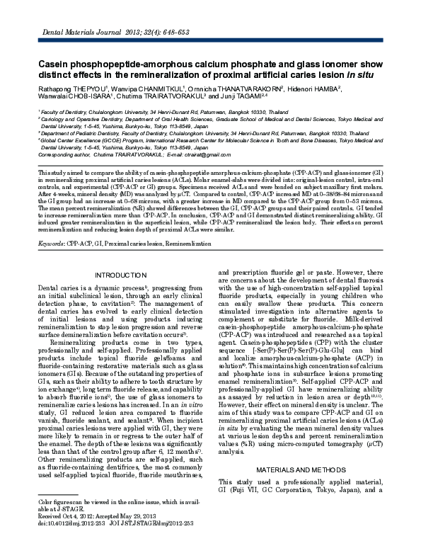 (PDF) Casein phosphopeptide-amorphous calcium phosphate and glass ionomer show distinct effects ...