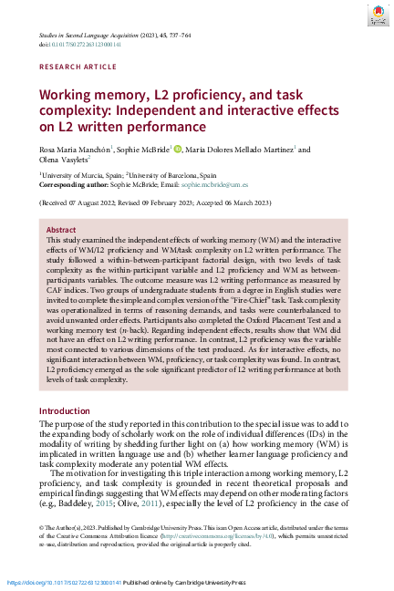 (PDF) Working memory, L2 proficiency, and task complexity: Independent and interactive effects ...