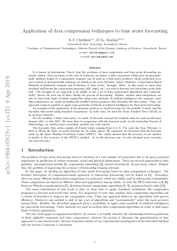 (PDF) Application of data compression techniques to time series forecasting