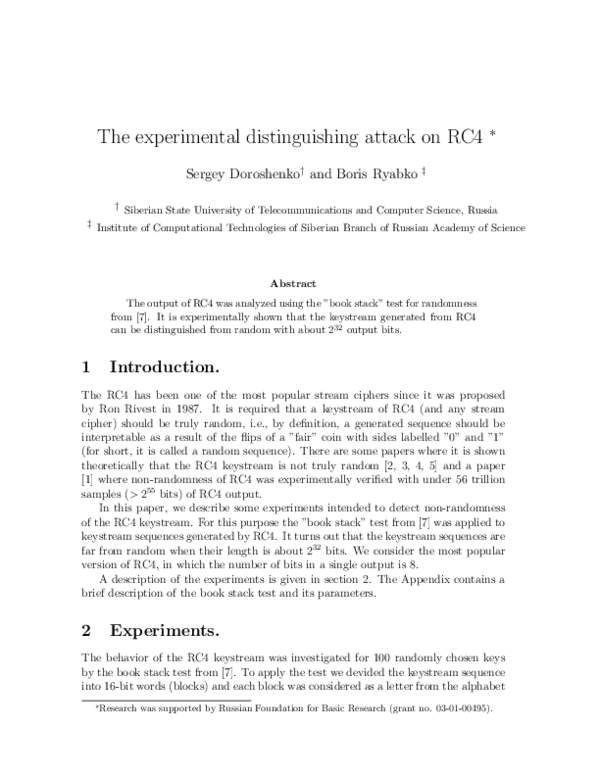 (PDF) The experimental distinguishing attack on RC4