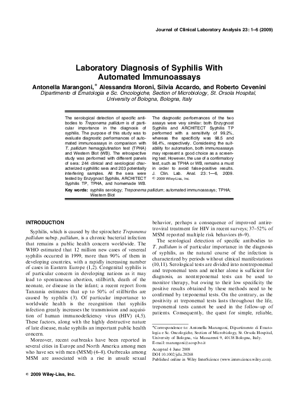 (PDF) Laboratory diagnosis of syphilis with automated immunoassays