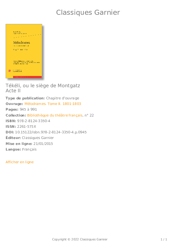 (PDF) Mélodrames. Tome II. 1801-1803 - Tékéli, ou le siège de Montgatz ...