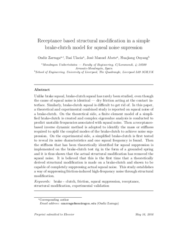 (PDF) Receptance based structural modification in a simple brake-clutch model for squeal noise ...