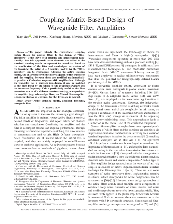 (PDF) Coupling Matrix-Based Design of Waveguide Filter Amplifiers