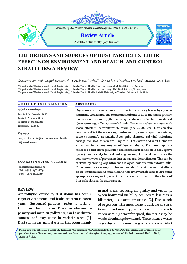 (PDF) The Origins and Sources of Dust Particles, Their Effects on ...