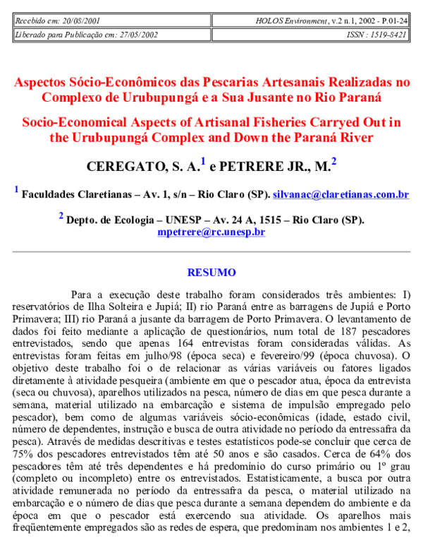 (PDF) Aspectos Sócio-Econômicos Das Pescarias Artesanais Realizadas No ...