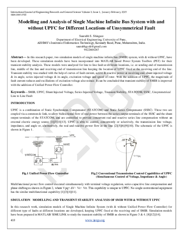 Pdf Modelling And Analysis Of Single Machine Infinite Bus System With And Without Upfc For