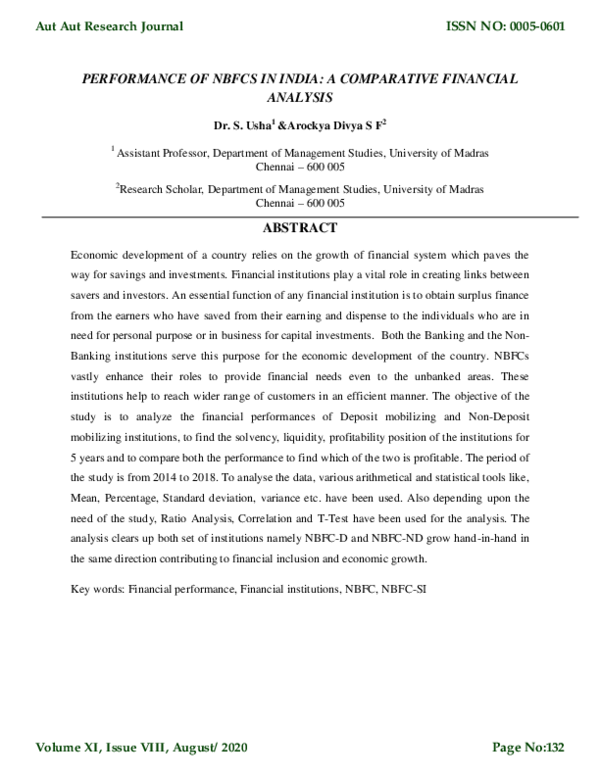 (PDF) PERFORMANCE OF NBFCS IN INDIA: A COMPARATIVE FINANCIAL ANALYSIS