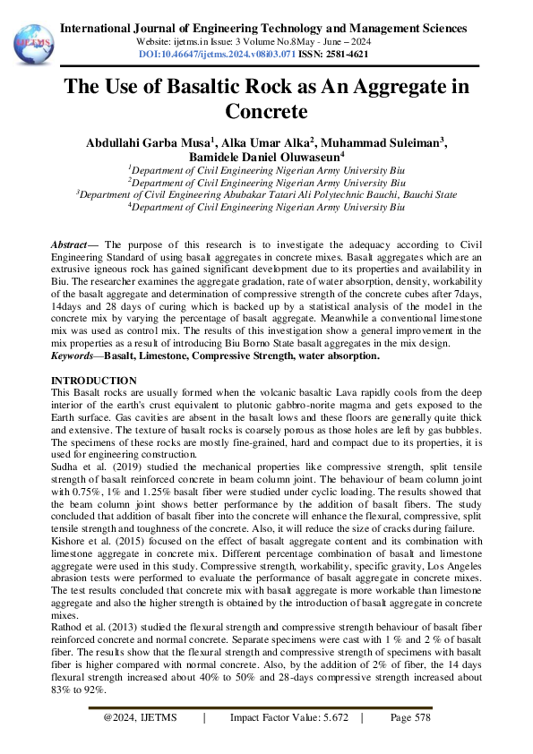 (PDF) The Use of Basaltic Rock as An Aggregate in Concrete