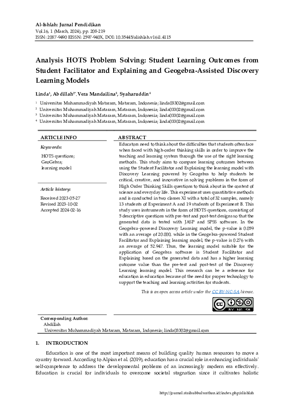 (PDF) Analysis HOTS Problem Solving: Student Learning Outcomes from ...