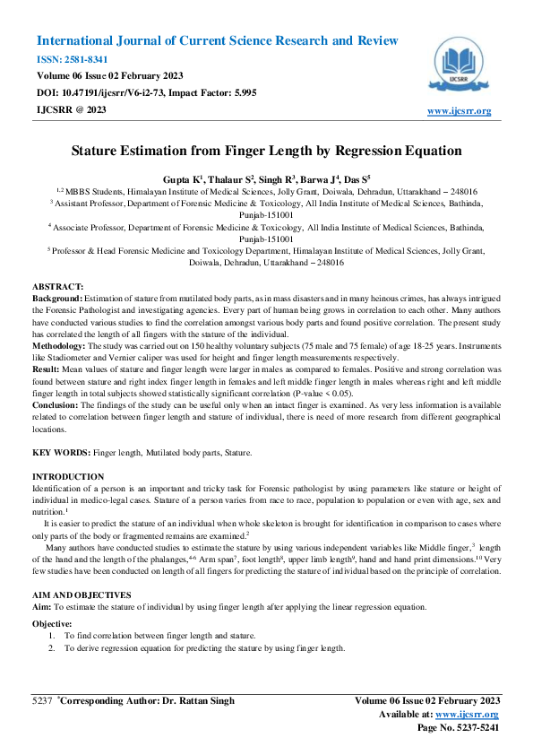 (PDF) Stature Estimation from Finger Length by Regression Equation