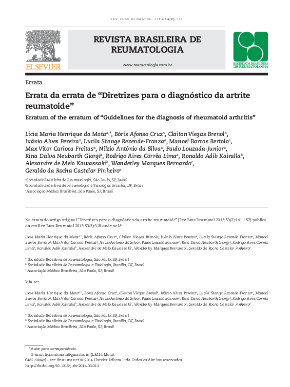 (PDF) Errata da errata de «Diretrizes para o diagnóstico da artrite reumatoide»