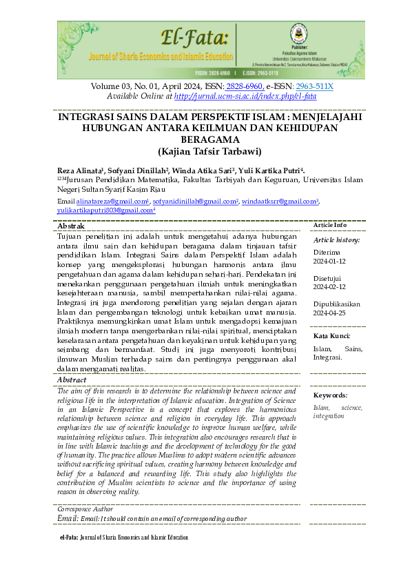 (PDF) Integrasi Sains dalam Perspektif Islan: Menjelajahi Hubungan Antara Keilmuan dan Kehidupan ...