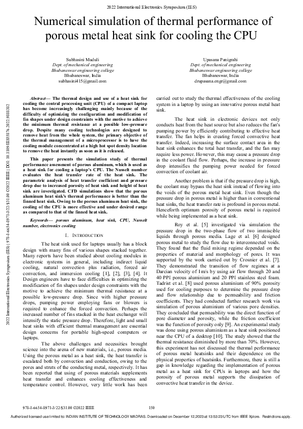 (PDF) Numerical simulation of thermal performance of porous metal heat sink for cooling the CPU