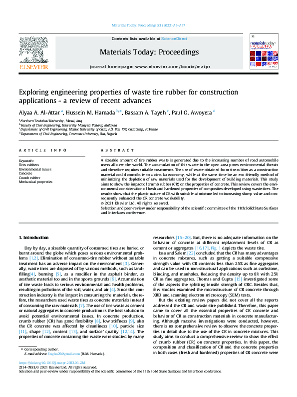 (PDF) Exploring engineering properties of waste tire rubber for construction applications -a ...