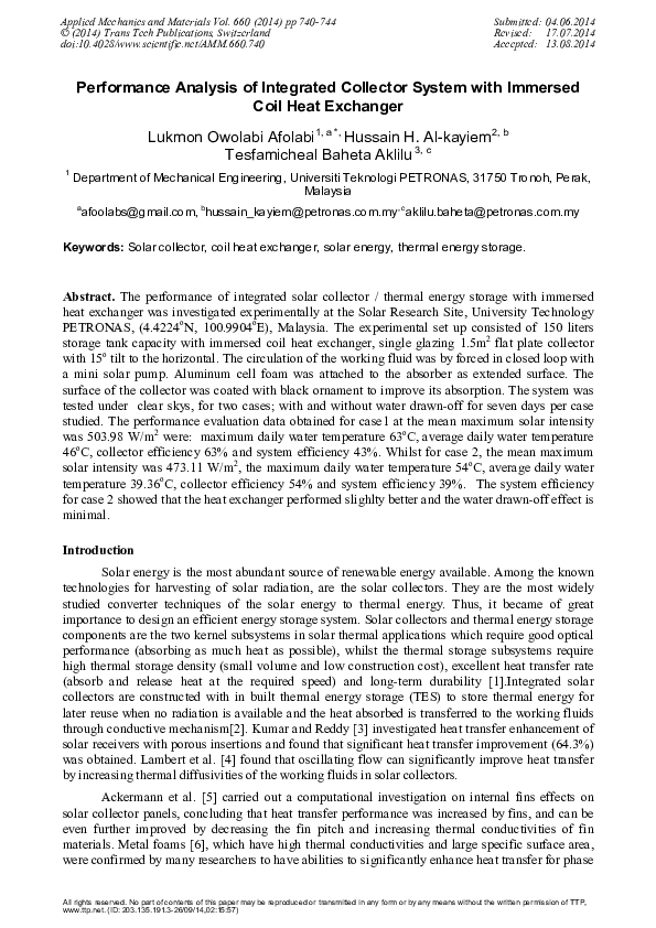 (PDF) Performance Analysis of Integrated Collector System with Immersed ...