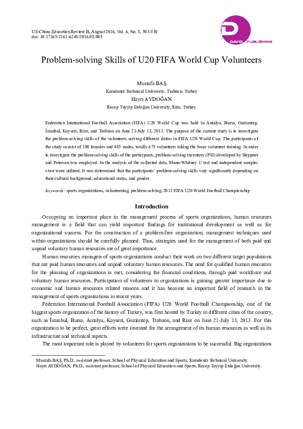 (PDF) Problem-solving Skills of U20 FIFA World Cup Volunteers