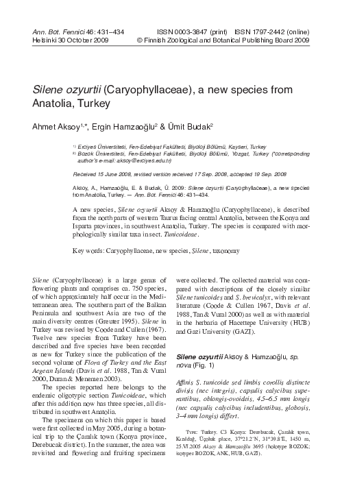 (PDF) Silene ozyurtii(Caryophyllaceae), a New Species from Anatolia, Turkey