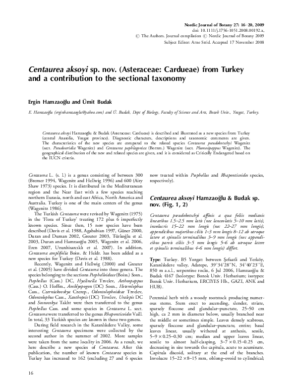 (PDF) Centaureaaksoyisp. nov. (Asteraceae: Cardueae) from Turkey and a ...