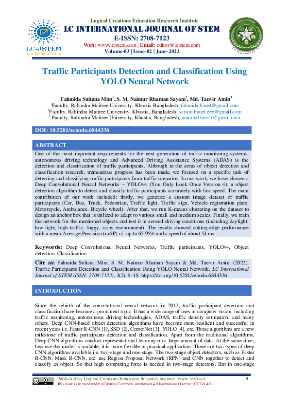 (PDF) Traffic Participants Detection and Classification Using YOLO Neural Network