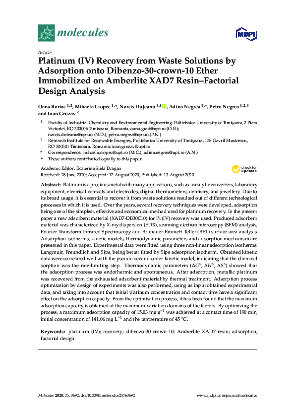 (PDF) Platinum (IV) Recovery from Waste Solutions by Adsorption onto ...