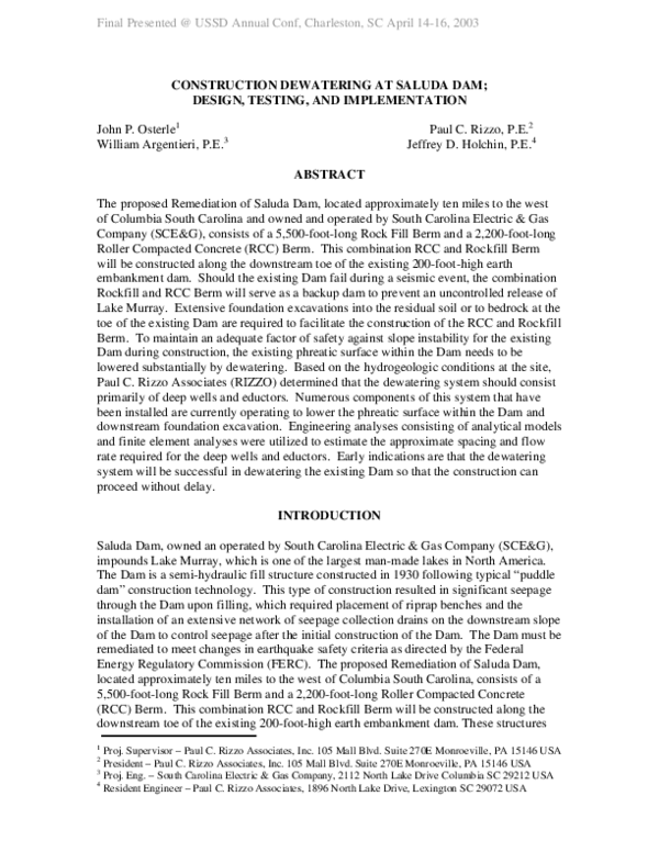 (PDF) Construction Dewatering at Saluda Dam; Design, Testing, and ...
