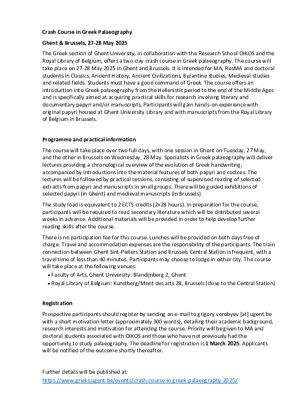 (PDF) Crash Course in Greek Palaeography (27-28 May 2025)