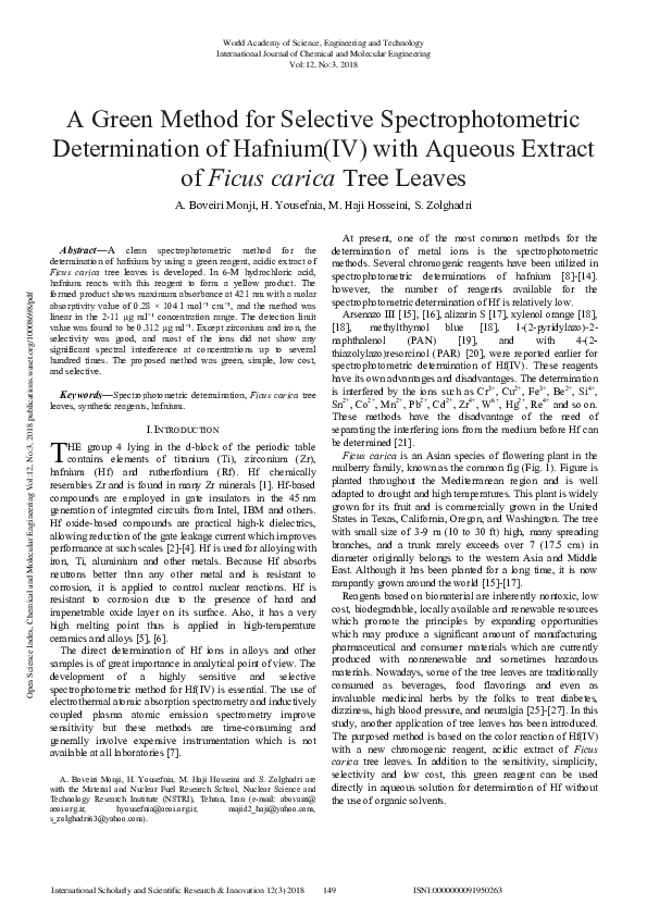 Pdf A Green Method For Selective Spectrophotometric Determination Of Hafnium Iv With Aqueous