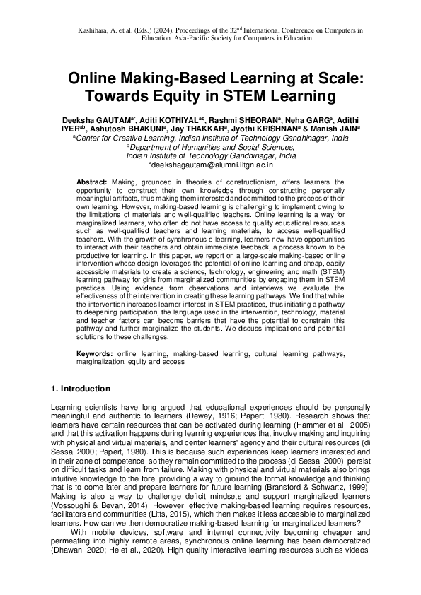 (PDF) Online Making-Based Learning at Scale: Towards Equity in STEM Learning