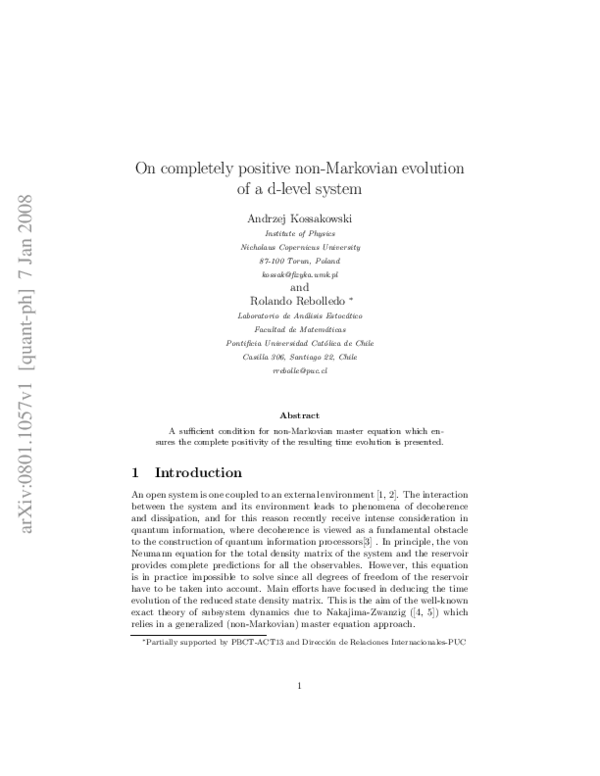 (PDF) On Completely Positive Non-Markovian Evolution of a d-Level System