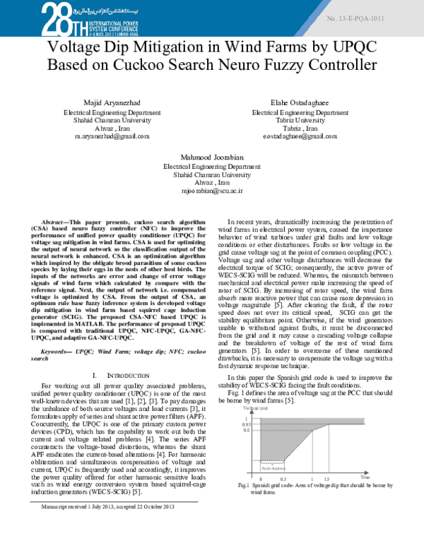 (PDF) Voltage dip mitigation in wind farms by UPQC based on Cuckoo Search Neuro Fuzzy Controller
