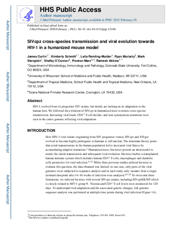 (PDF) SIVcpz cross‐species transmission and viral evolution toward HIV‐1 in a humanized mouse model