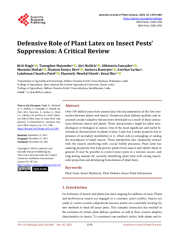 (PDF) Defensive Role of Plant Latex on Insect Pests’ Suppression: A ...