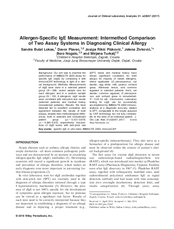 (PDF) Allergen-Specific IgE Measurement: Intermethod Comparison of Two ...
