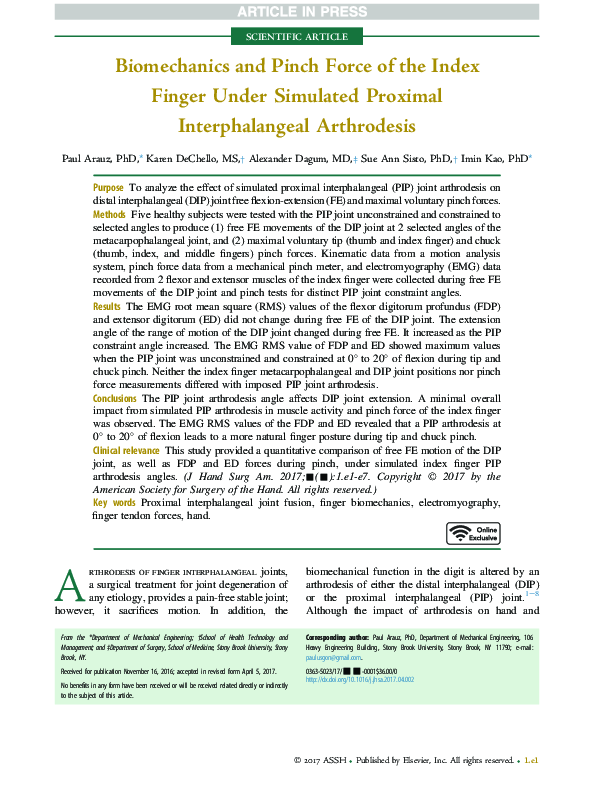 (PDF) Biomechanics and Pinch Force of the Index Finger Under Simulated ...
