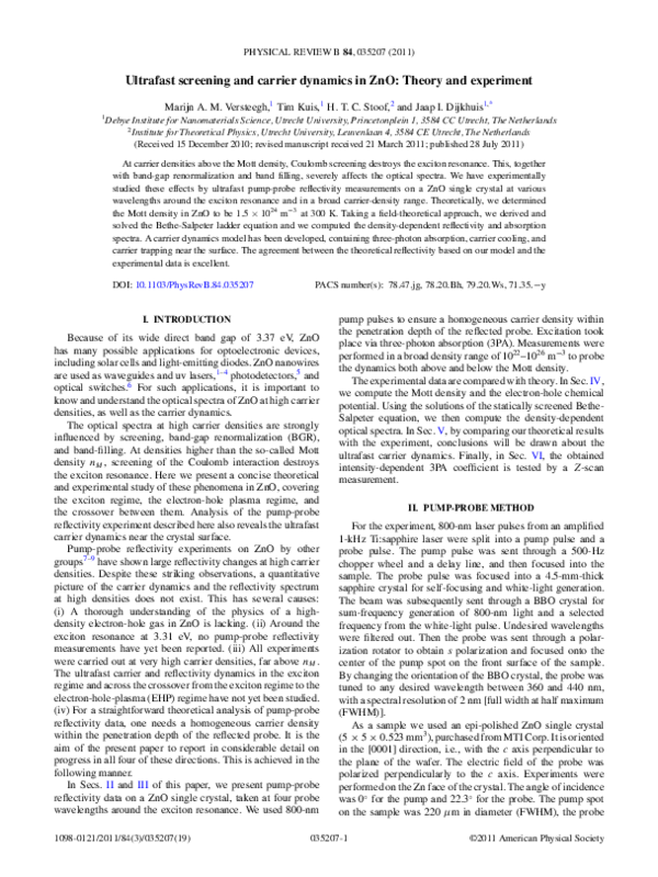 (PDF) Ultrafast screening and carrier dynamics in ZnO: Theory and experiment