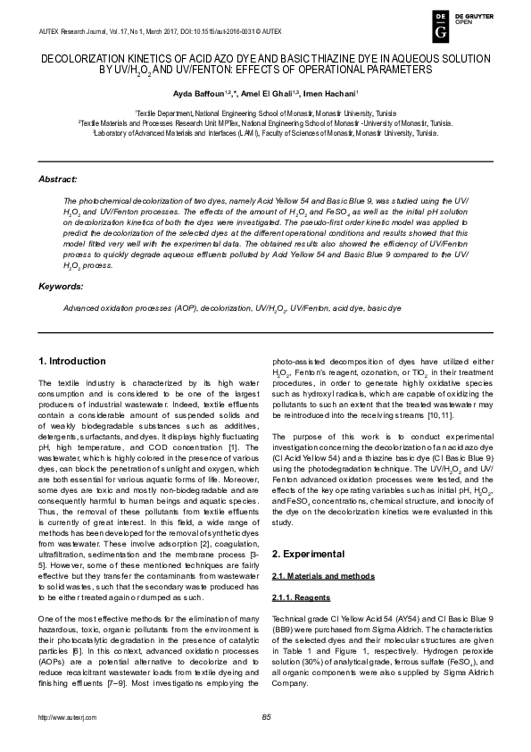 (PDF) Decolorization Kinetics of Acid Azo Dye and Basic Thiazine Dye in Aqueous Solution by UV ...