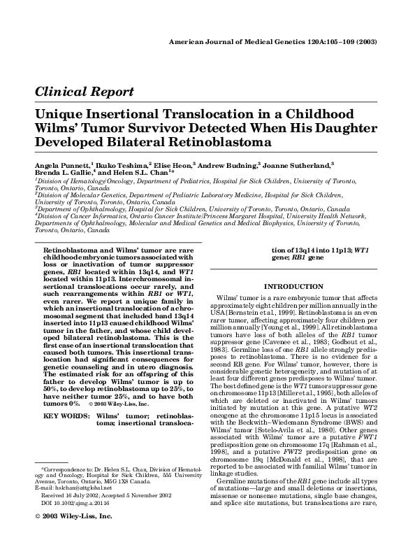 (PDF) Unique insertional translocation in a childhood Wilms' tumor ...
