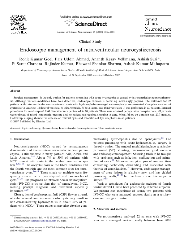 (PDF) Endoscopic management of intraventricular neurocysticercosis