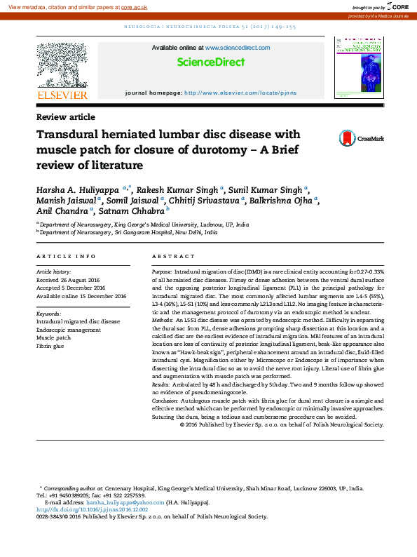 (PDF) Transdural herniated lumbar disc disease with muscle patch for ...