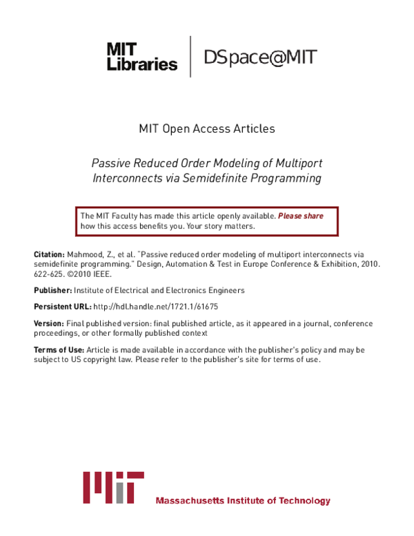 (PDF) Passive reduced order modeling of multiport interconnects via semidefinite programming