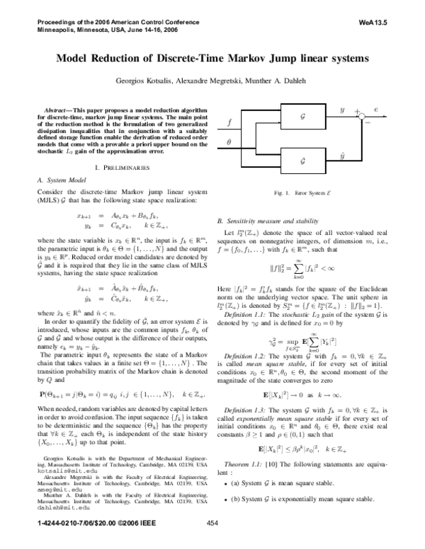 (PDF) Model reduction of discrete-time Markov jump linear systems