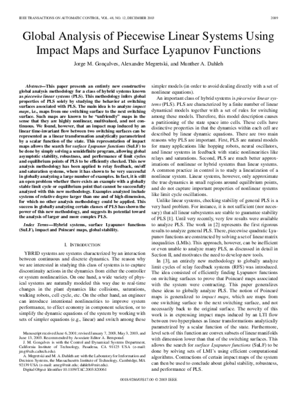 (PDF) Global analysis of piecewise linear systems using impact maps and surface lyapunov functions