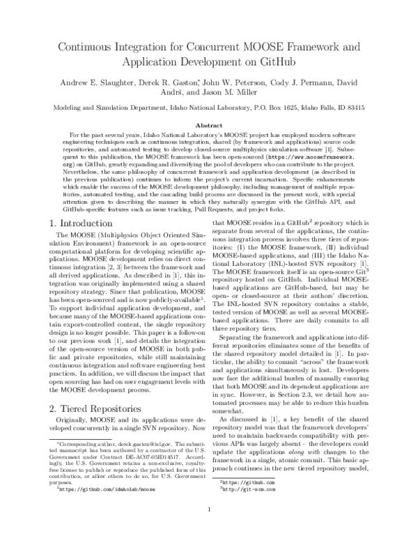(PDF) Continuous Integration for Concurrent MOOSE Framework and Application Development on GitHub