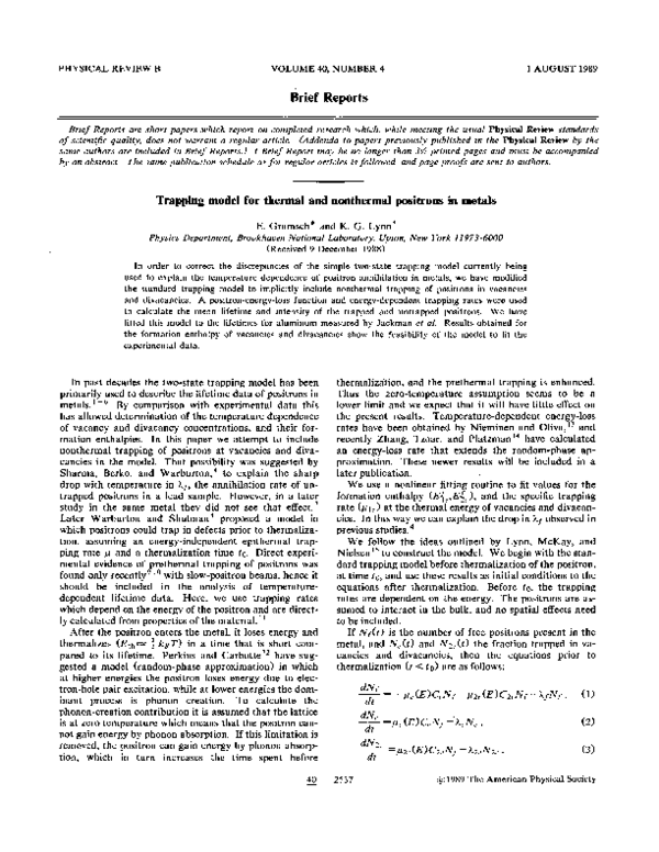 (PDF) Trapping model for thermal and nonthermal positrons in metals
