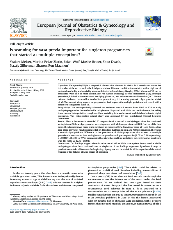 (PDF) Is scanning for vasa previa important for singleton pregnancies ...