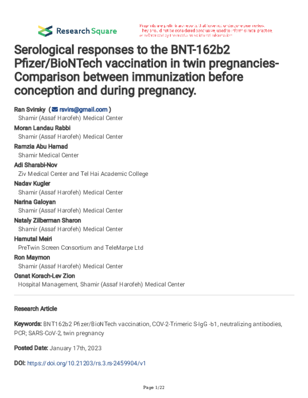 (PDF) Serological responses to the BNT-162b2 Pfizer/BioNTech ...