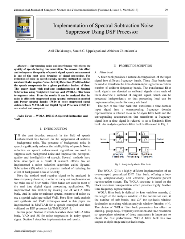 (PDF) I Implementation of Spectral Subtraction Noise Suppressor Using DSP Processor