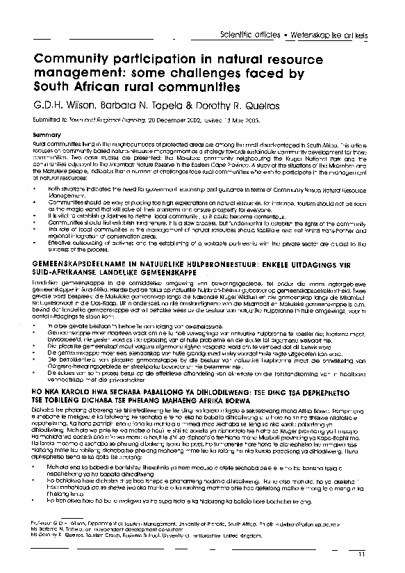 (PDF) Community participation in natural resource management: some ...