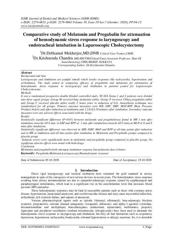 (PDF) Comparative study of Melatonin and Pregabalin for attenuation of ...